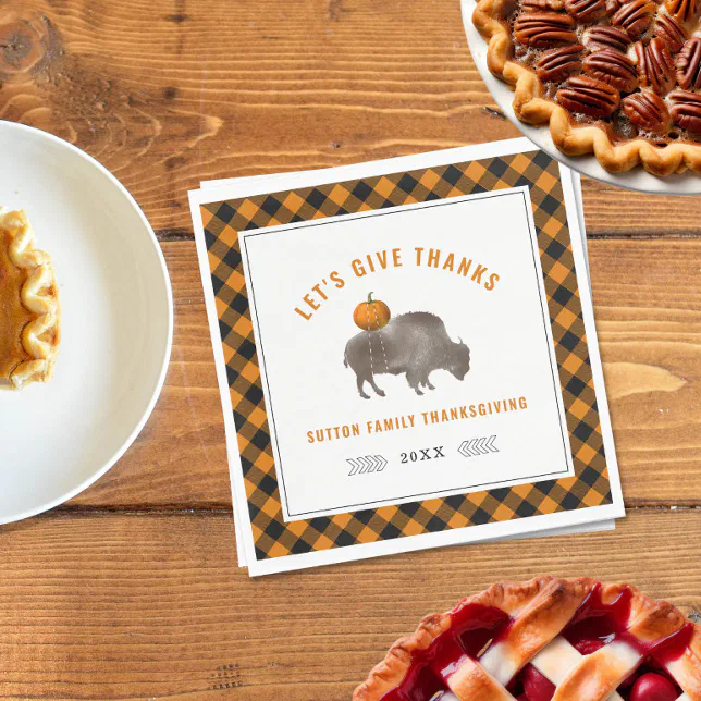 Thanksgiving Dinner Buffalo Bison Pumpkin Plaid Napkins | Zazzle