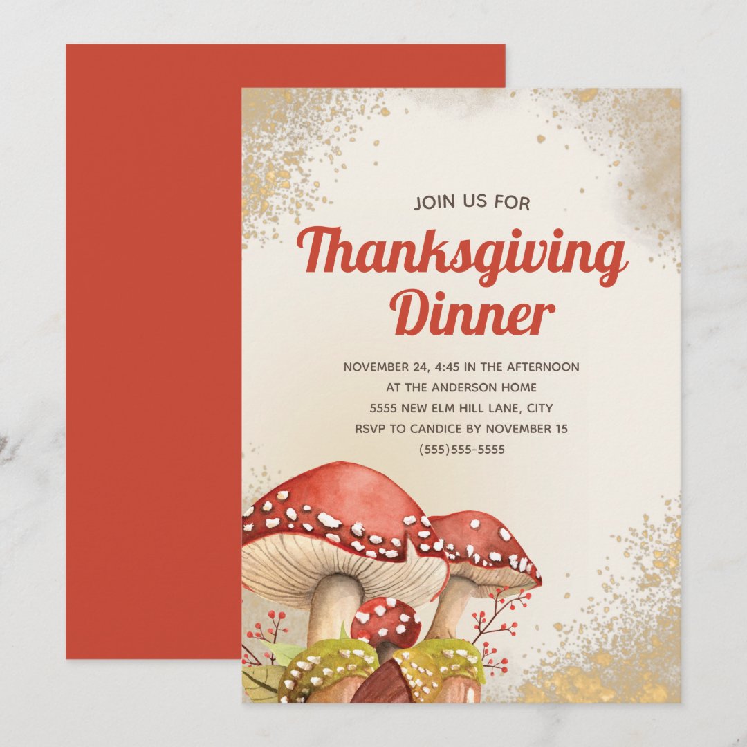 Thanksgiving Dinner Fall Autumn Red Mushrooms Gold Invitation | Zazzle