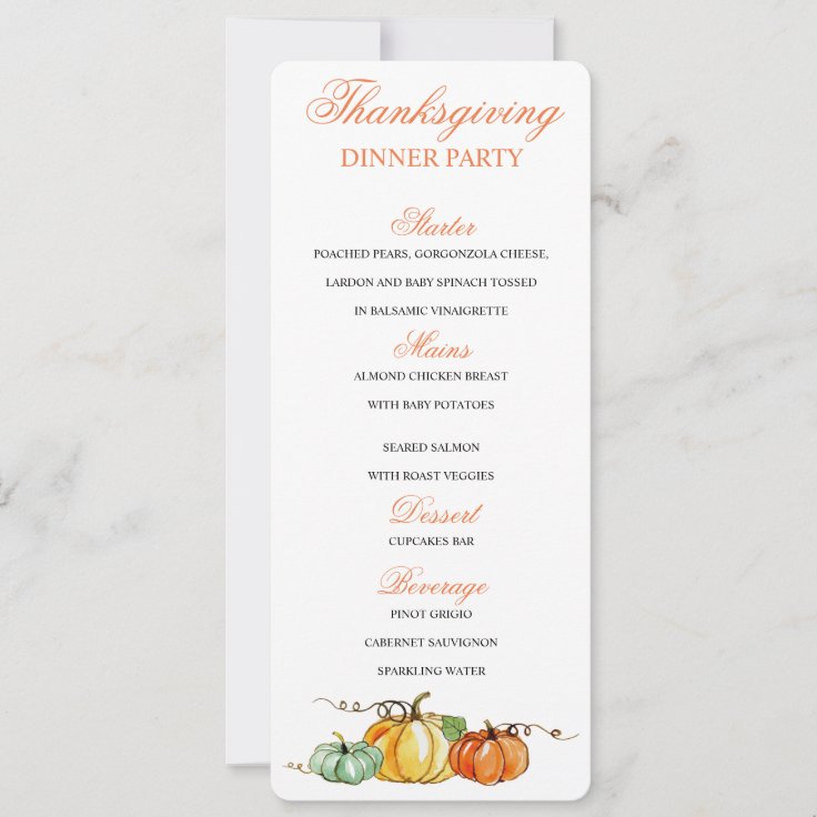 Thanksgiving Dinner menu pumpkins card | Zazzle