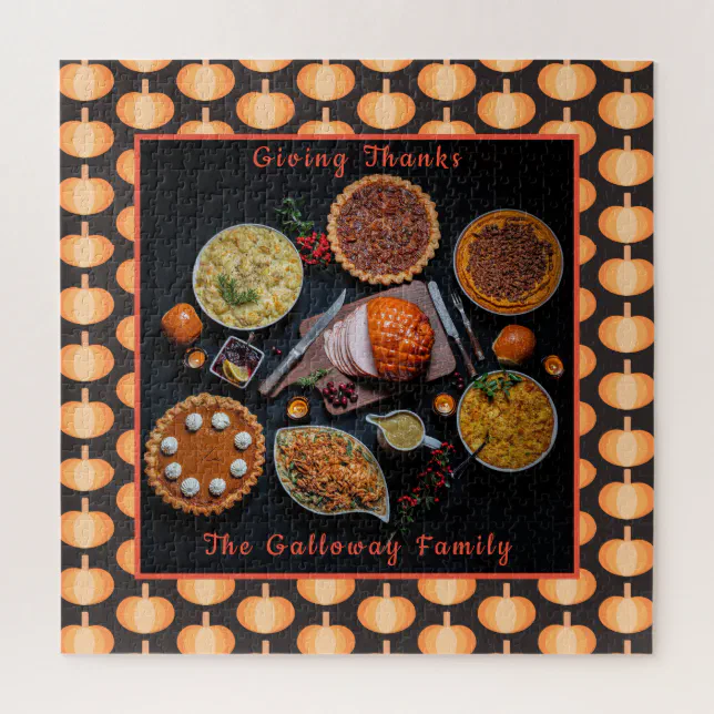 Thanksgiving Dinner Monogram Custom Text Pumpkins Jigsaw Puzzle | Zazzle