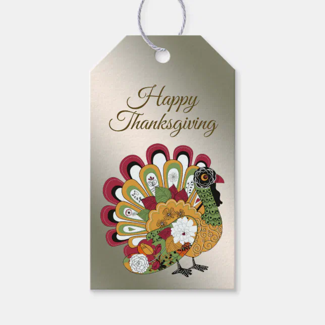 Thanksgiving Dinner Party Colorful Floral Turkey Gift Tags | Zazzle