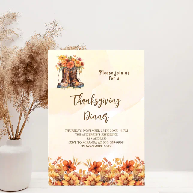 Thanksgiving dinner party orange fall floral boots invitation postcard ...