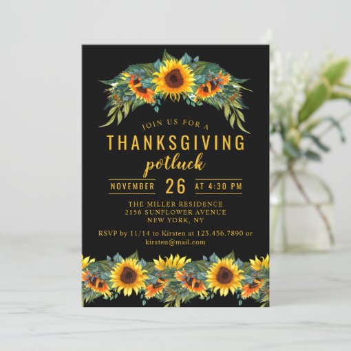 Thanksgiving Dinner Potluck Watercolor Sunflowers Invitation | Zazzle