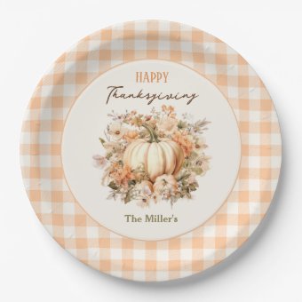 Thanksgiving Dinner Pumpkin Gingham Pastel Paper Plates | Zazzle