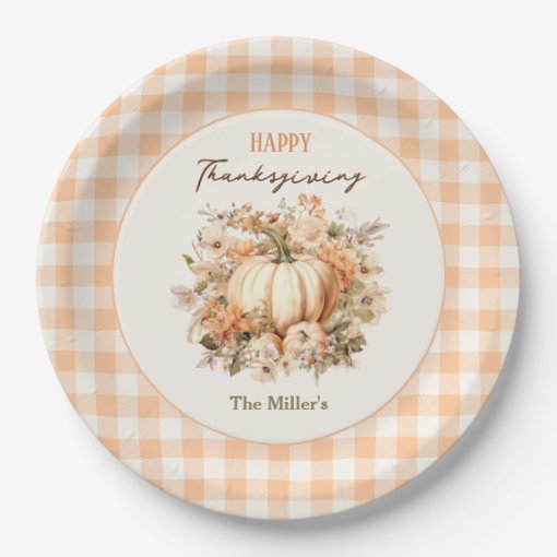 Thanksgiving Dinner Pumpkin Gingham Pastel Paper Plates | Zazzle