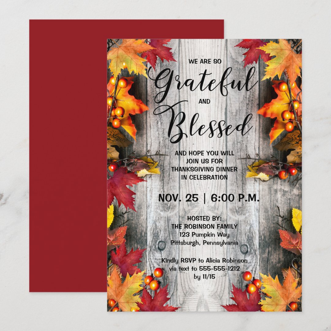 Thanksgiving Dinner-Rustic Woodsy Grateful Blessed Invitation | Zazzle