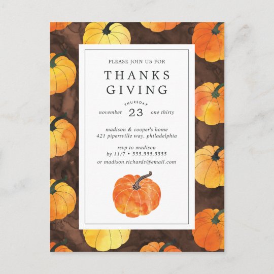 Thanksgiving Dinner | Watercolor Pumpkins Postcard | Zazzle.com