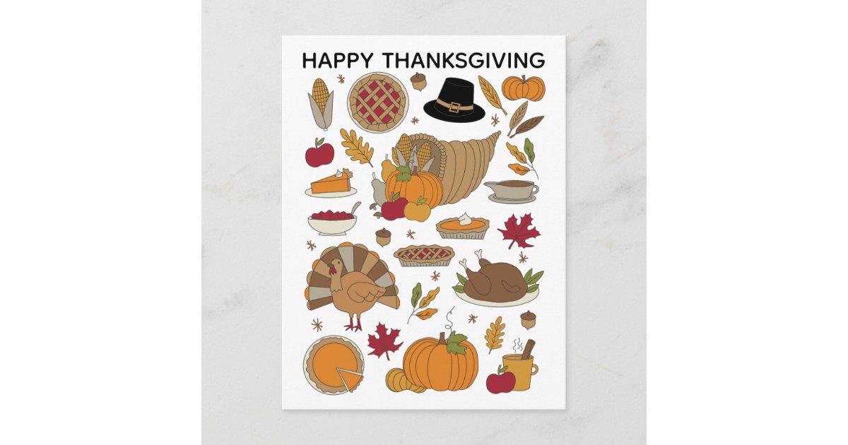 Thanksgiving Doodles cute illustrated Postcard | Zazzle