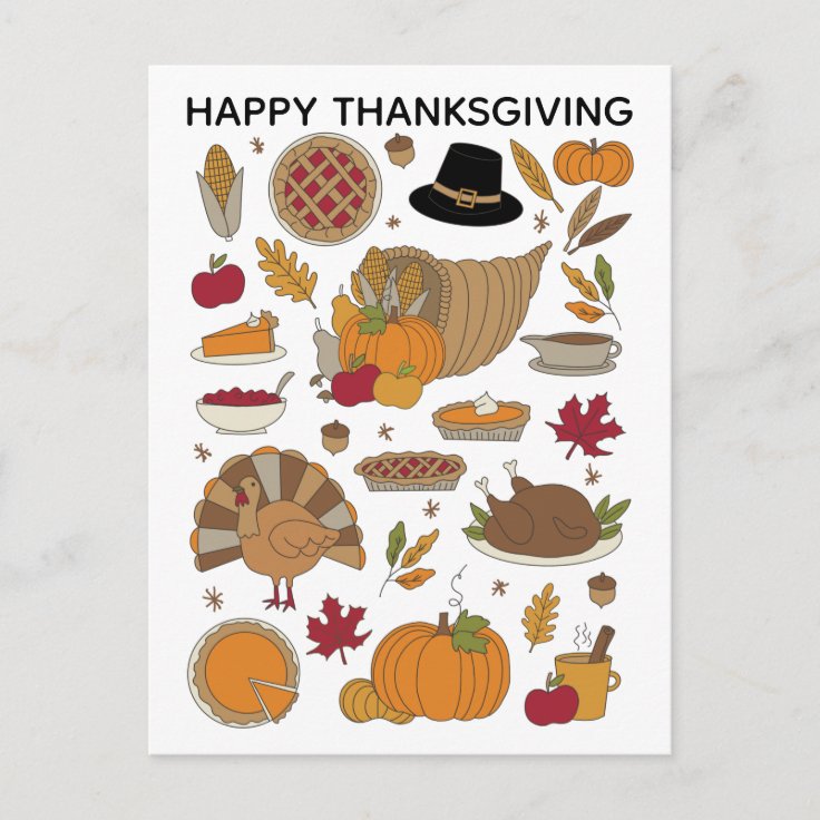 Thanksgiving Doodles cute illustrated Postcard | Zazzle