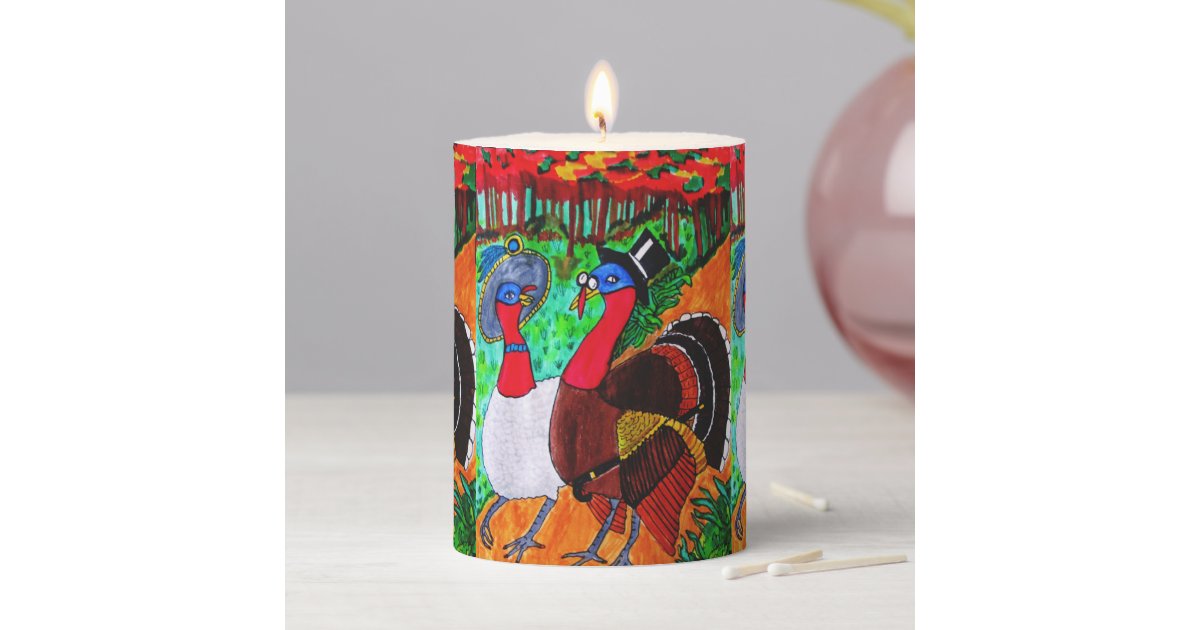 THANKSGIVING DRESSED TURKEYS PILLAR CANDLE | Zazzle