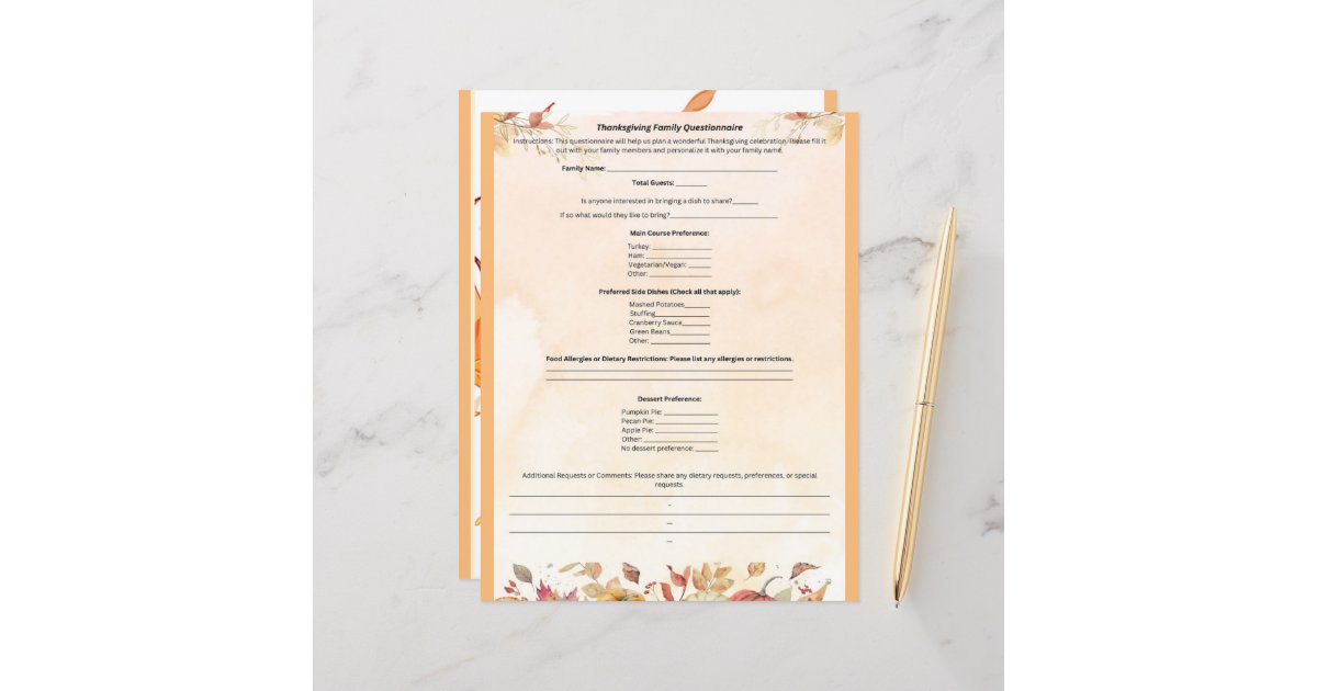 Thanksgiving Family Questionnaire | Zazzle