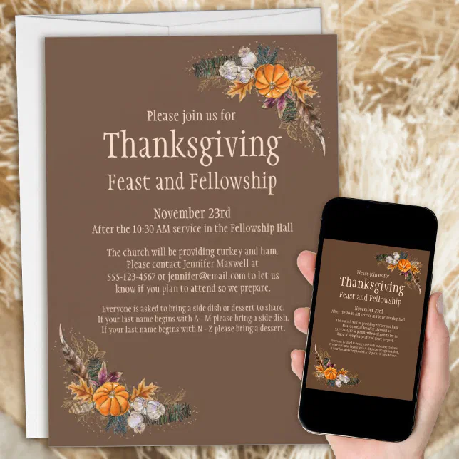Thanksgiving Feast + Fellowship Church Invitation | Zazzle