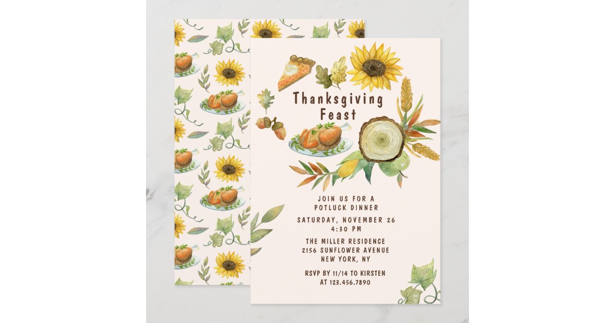 Thanksgiving Feast Turkey Pumpkin Pie Sunflowers Invitation | Zazzle