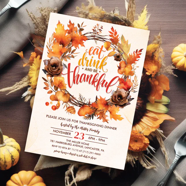 Thanksgiving Friendsgiving Eat Drink And Be Thankful Invitation Zazzle