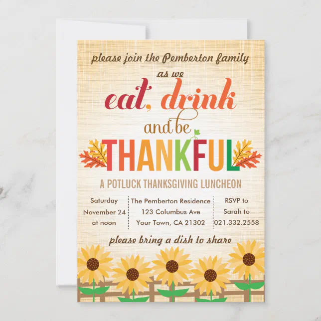 Thanksgiving Lunch Potluck Eat Drink Give Thanks Invitation | Zazzle