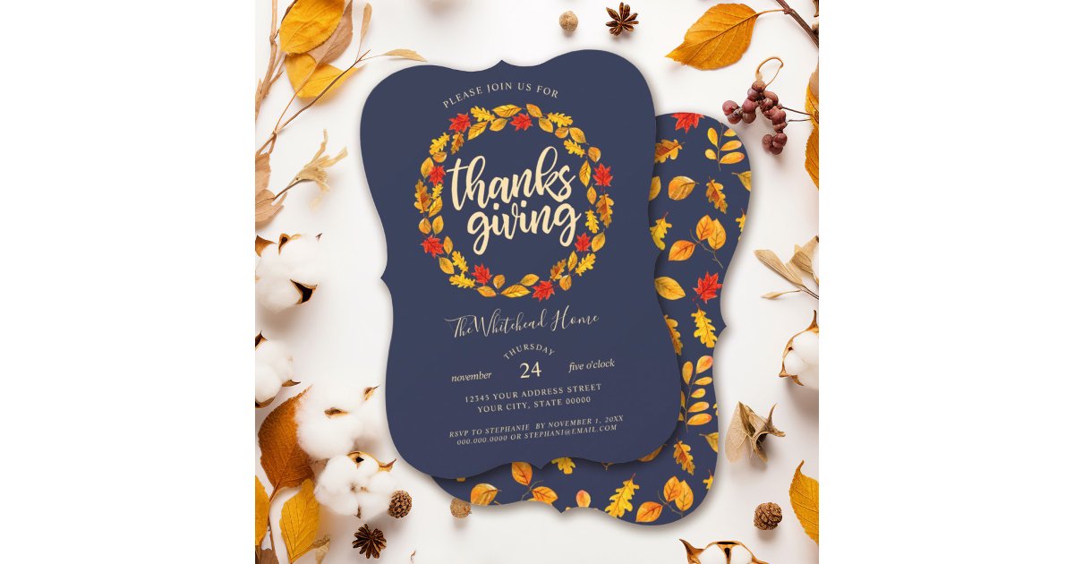 Thanksgiving Navy Autumn Leaves Wreath Invitation | Zazzle
