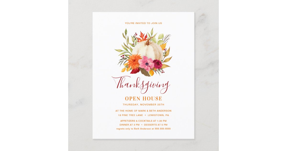 THANKSGIVING OPEN HOUSE FLORAL PUMPKIN INVITATION | Zazzle