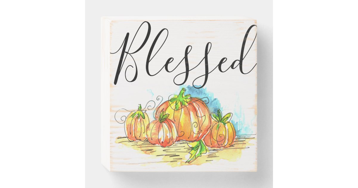Thanksgiving Orange Pumpkins Blessed Typography Wooden Box Sign | Zazzle