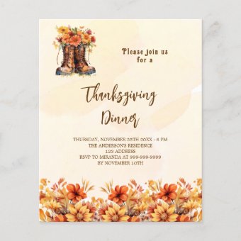Thanksgiving party floral boots budget invitation | Zazzle
