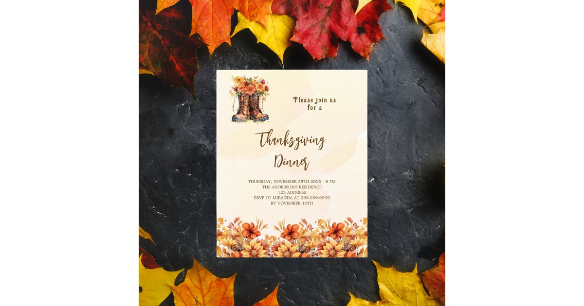 Thanksgiving party floral boots budget invitation | Zazzle
