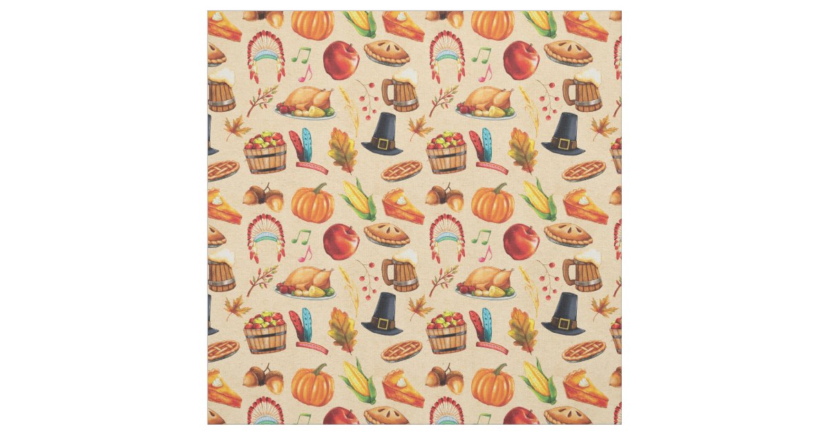 Thanksgiving Pie Turkey Pumpkin Pattern Fabric | Zazzle