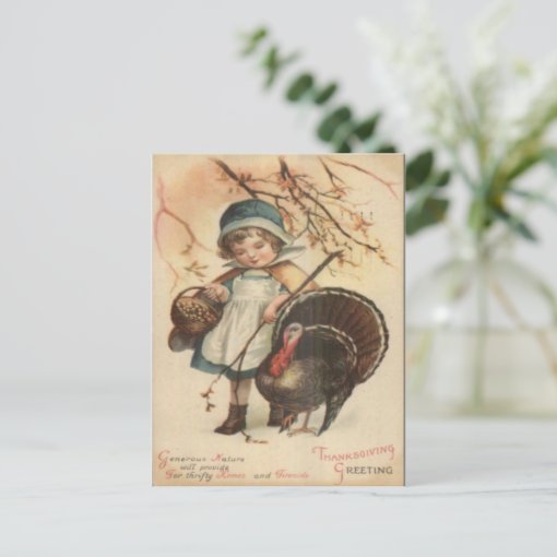 Thanksgiving - Pilgrim Girl & Turkey 1910 Postcard | Zazzle