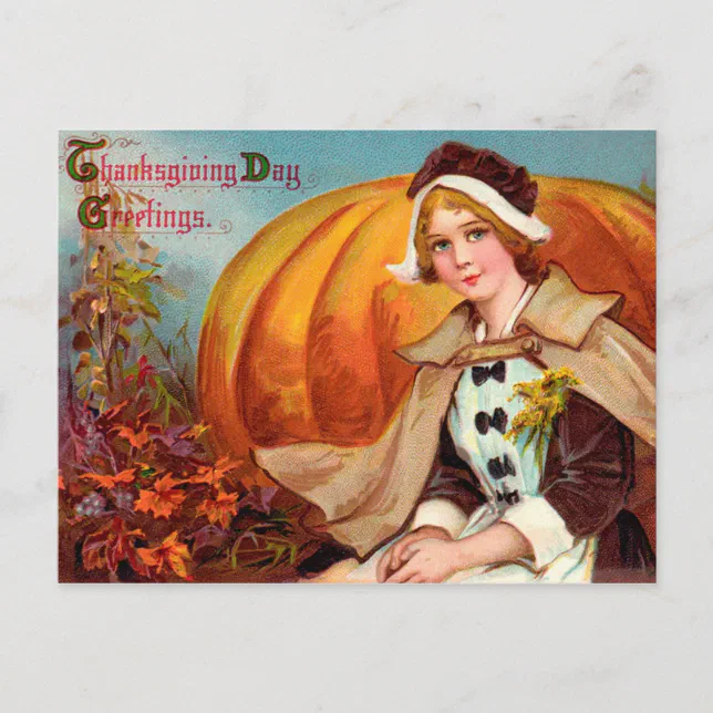 Thanksgiving Pilgrim Girl With Pumpkin Holiday Postcard | Zazzle
