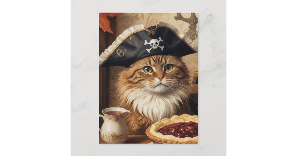 Thanksgiving Pirate Cat With Pie Postcard | Zazzle