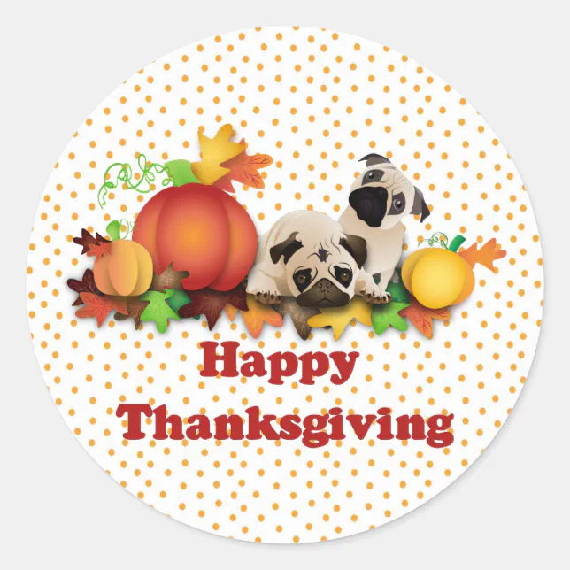 Thanksgiving Pugs and Pumpkins Classic Round Sticker | Zazzle