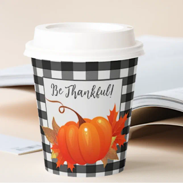 Thanksgiving Pumpkin Buffalo Plaid | Black Paper Cups | Zazzle