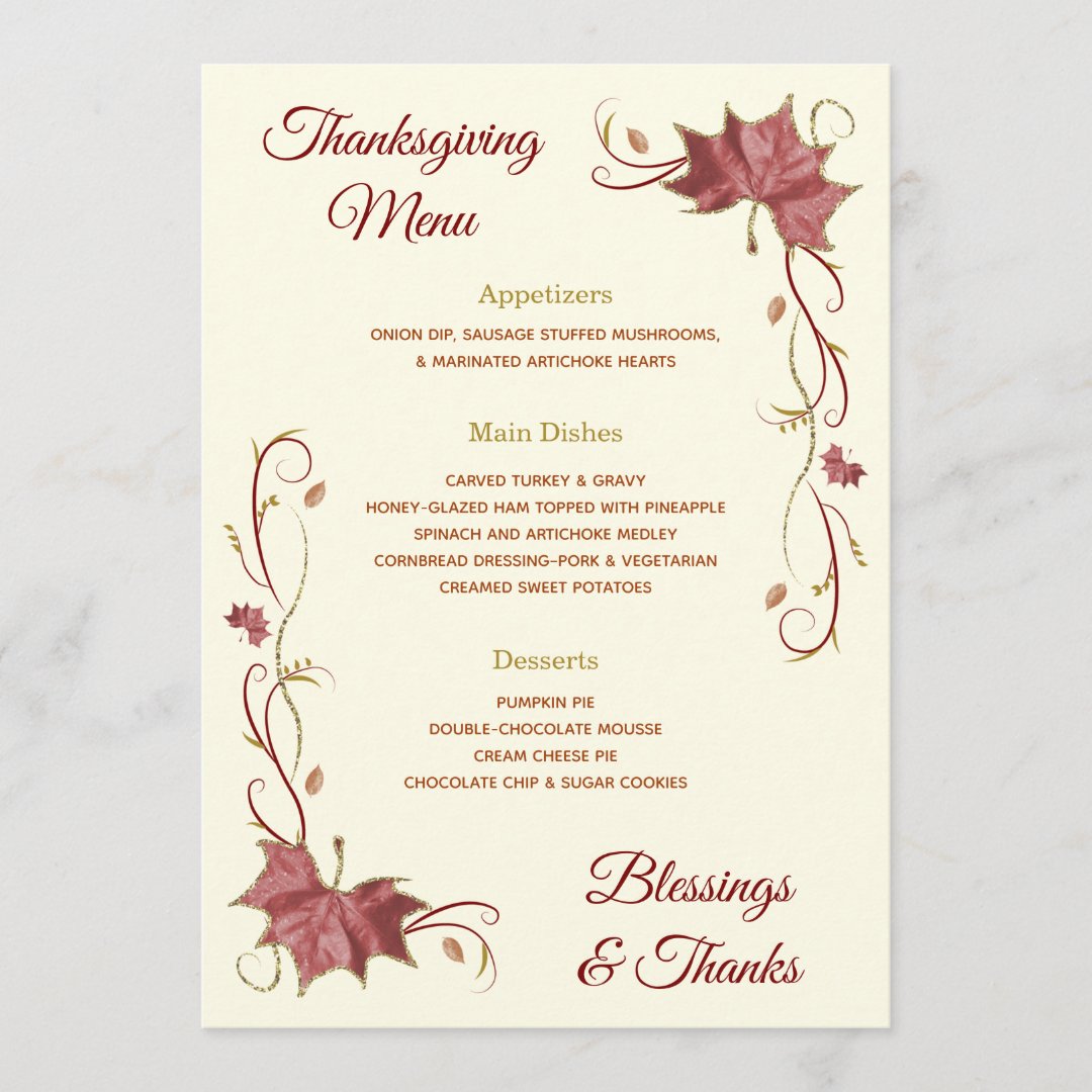 Thanksgiving Red Maple Leaves & Swirls Menu | Zazzle