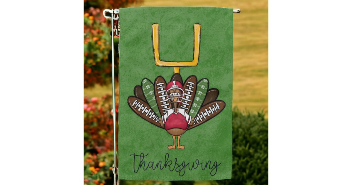 Thanksgiving Script Turkey Football Feathers Garden Flag | Zazzle