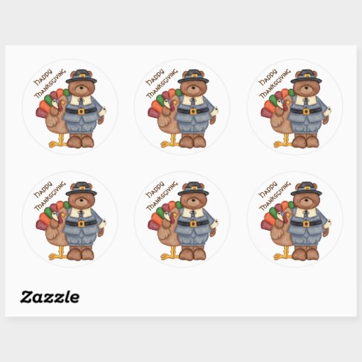 Thanksgiving Stickers/Pilgrim Bear and Turkey Classic Round Sticker ...
