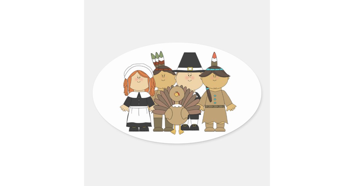Thanksgiving Stickers/Pilgrims and Indians Oval Sticker | Zazzle