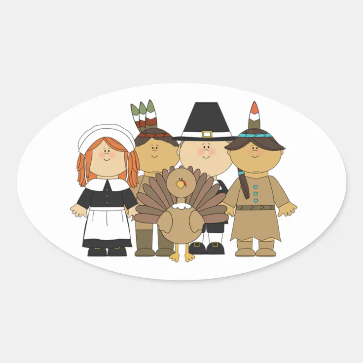Thanksgiving Stickers/Pilgrims and Indians Oval Sticker | Zazzle