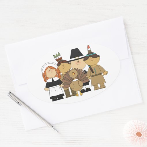 Thanksgiving Stickers/Pilgrims and Indians Oval Sticker | Zazzle