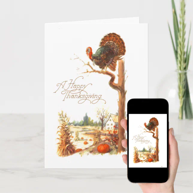 Thanksgiving Turkey on Tree Branch Vintage Holiday Card | Zazzle
