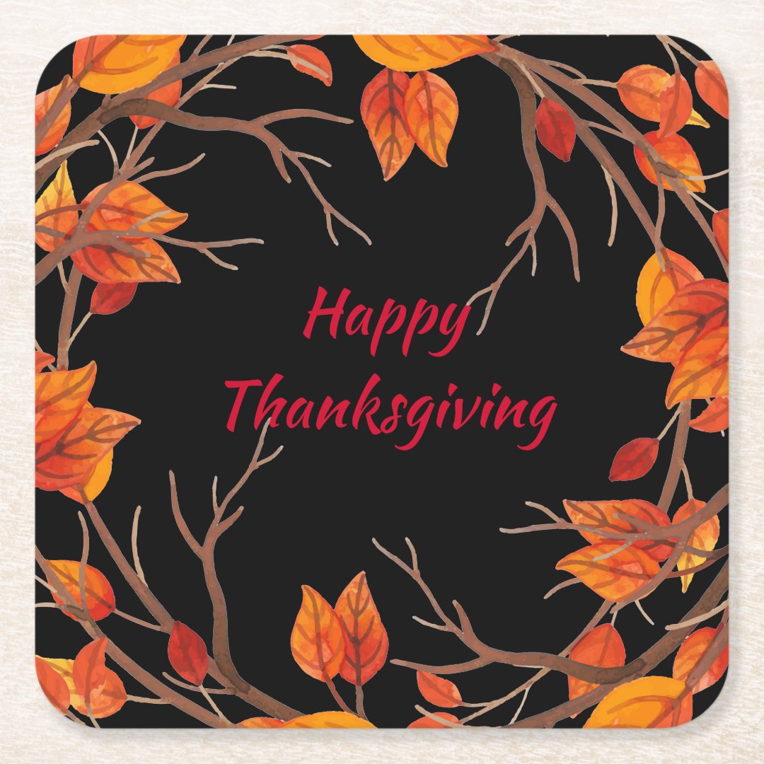 Thanksgiving Watercolor Fall Leaves Square Paper Coaster | Zazzle