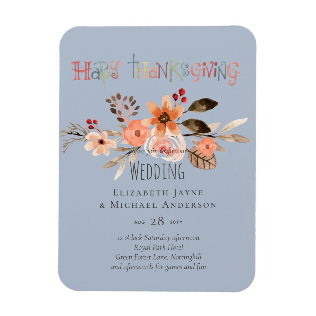Thanksgiving Wedding Invitations Dusty Blue Orange Magnet | Zazzle