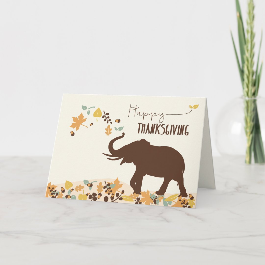 Thanksgiving with Joyful Elephant and Leaves Holiday Card | Zazzle