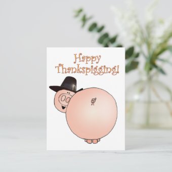 "Thankspigging" Funny Cartoon Pig Thanksgiving Holiday Postcard | Zazzle