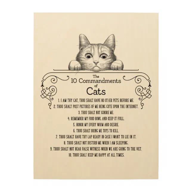 The 10 Commandments of Cats Funny Wood Wall Art | Zazzle