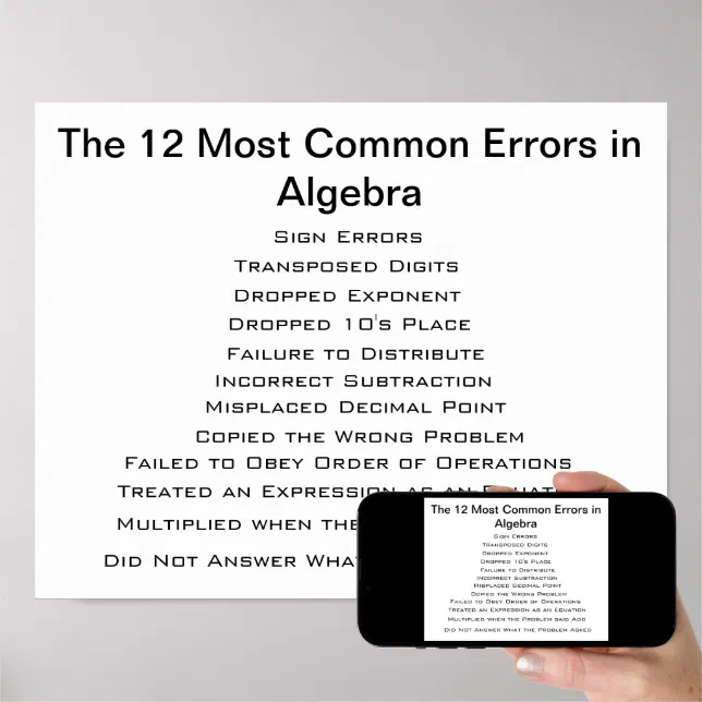 The 12 Most Common Algebra Errors Poster | Zazzle