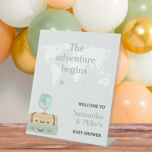 The Adventure Begins World Map Travel Baby Shower Pedestal Sign | Zazzle