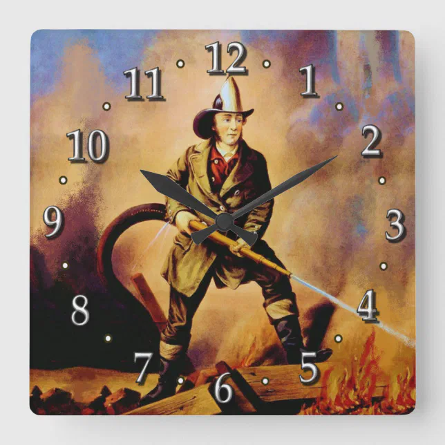 The American Fireman Victorian Firefighter Style 1 Square Wall Clock ...