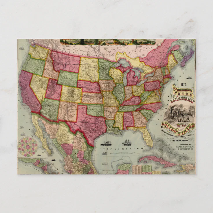 The American Union Railroad Map of the USA, 1872 Postcard | Zazzle