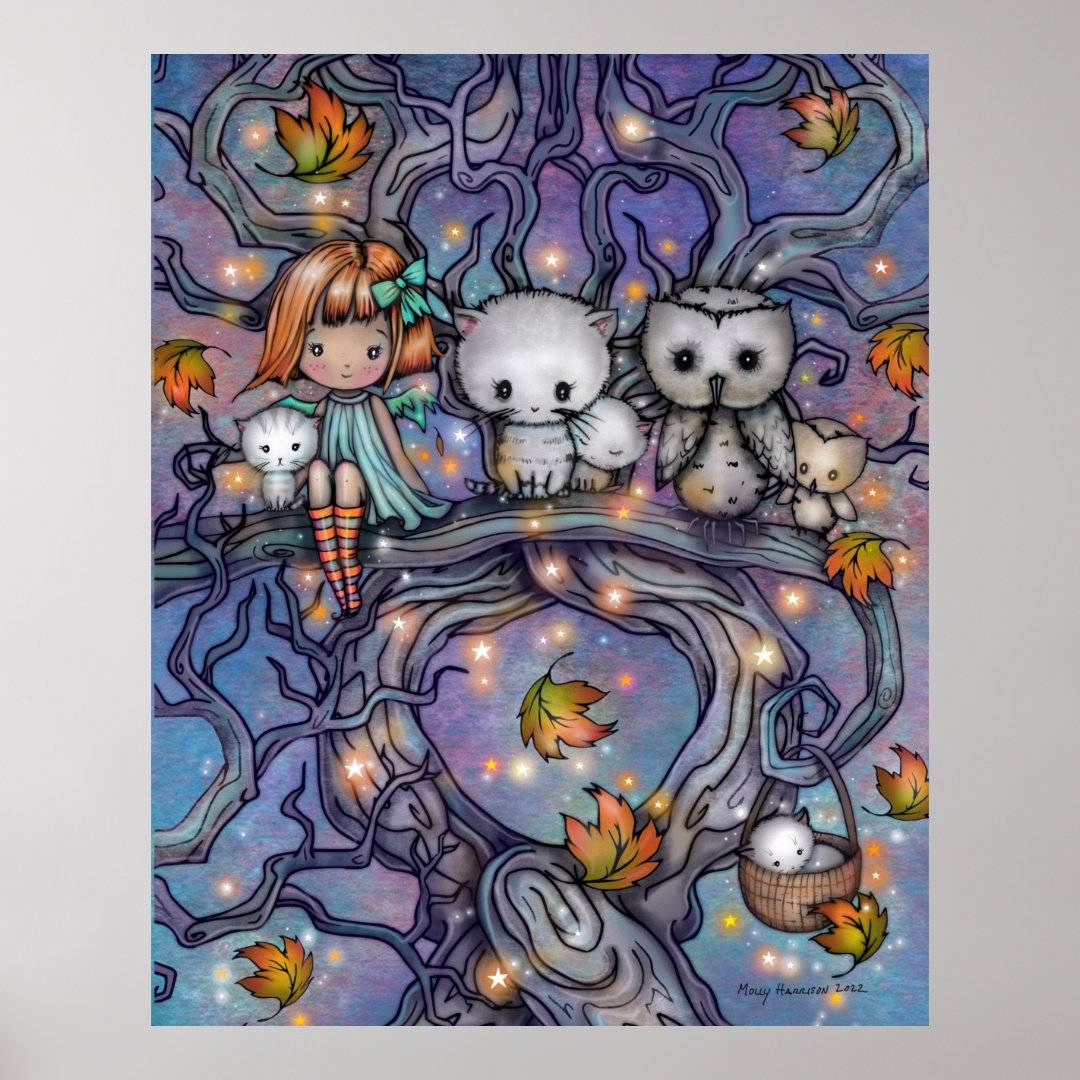 The Autumn Tree - Cats Owls Fairy Art Poster | Zazzle