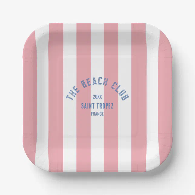 The Bach Club Blue Crest Pink Cabana Stripe Paper Plates | Zazzle