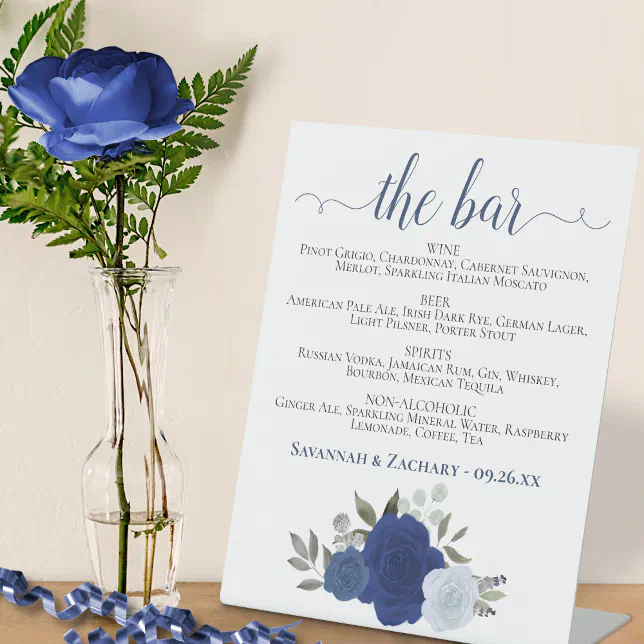 The Bar - Blue Boho Roses Drinks Menu Wedding Pedestal Sign | Zazzle