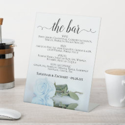 The Bar - Dusty Blue Rose Drinks Menu Wedding Pedestal Sign | Zazzle